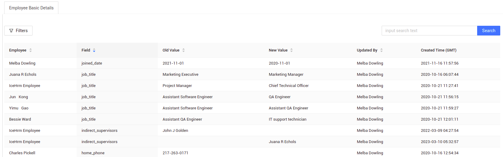 Employee History in IceHrm